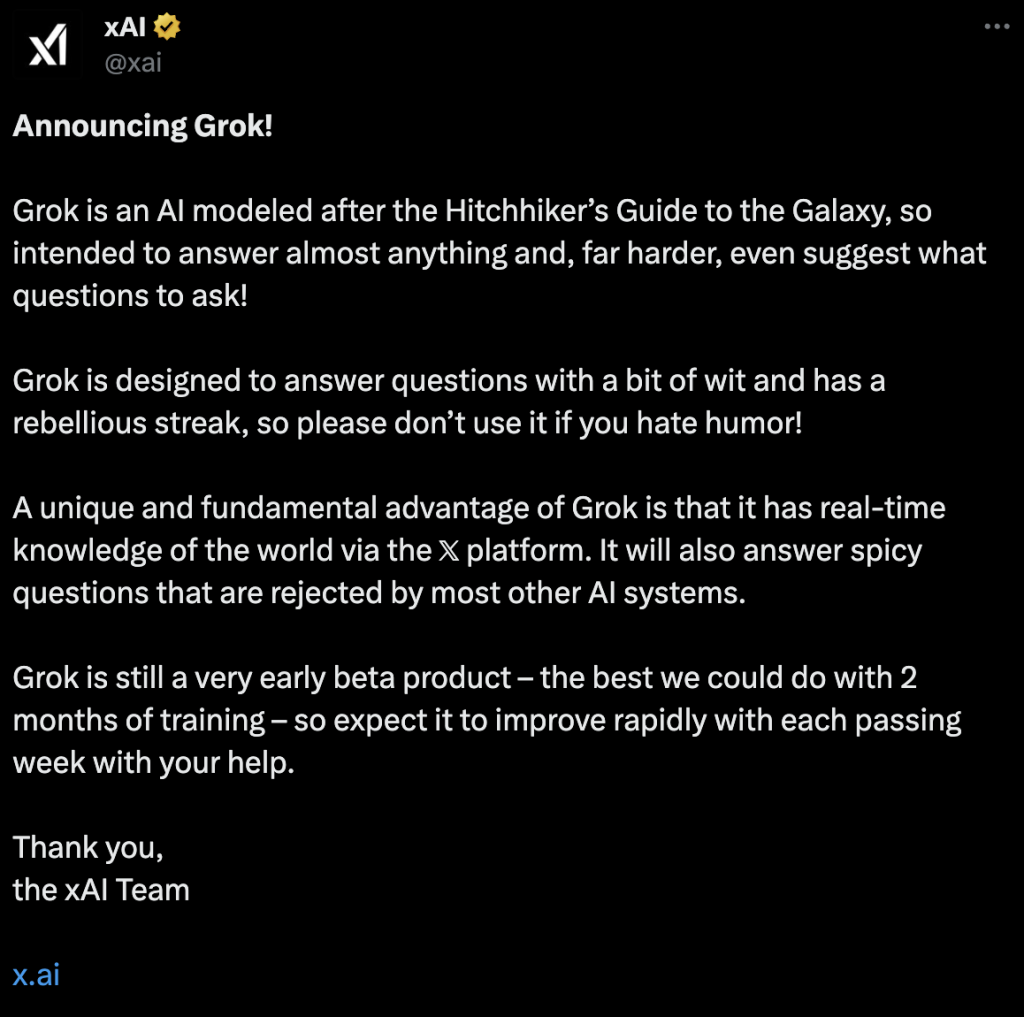 Can You Grok It? Elon Musk's XAI Launches New AI Chatbot Service.